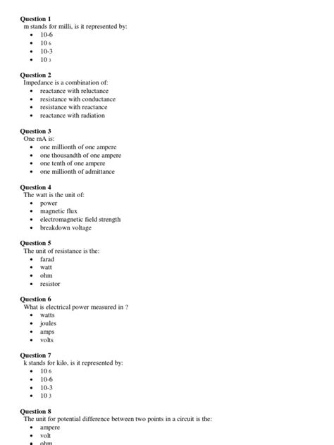 Electrical Basic Test With Answers Pdf Volt Watt