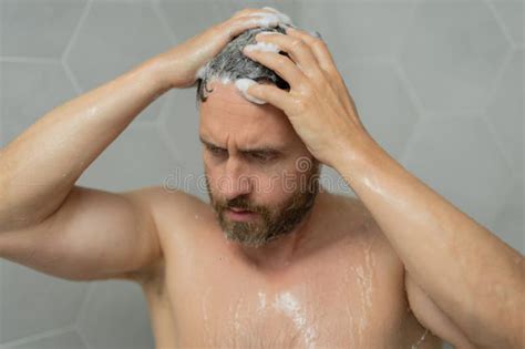 Man Washing Hair In Bath Guy Bathing Shower Head In Bathtub Face In