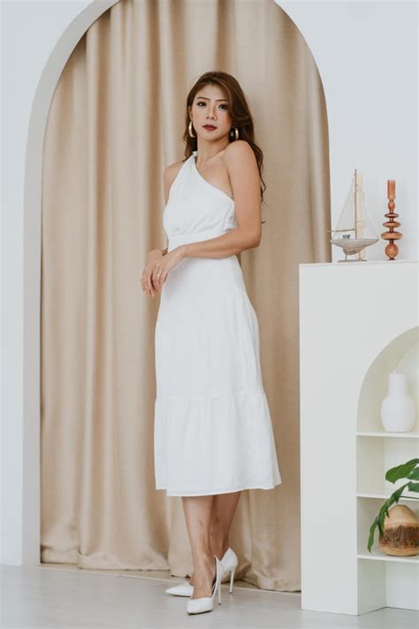 Athena Satin Toga Tier Dress White Shopperboard