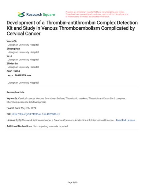 Pdf Development Of A Thrombin Antithrombin Complex Detection Kit And