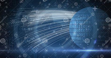 Digital Image Of Multiple Digital Icons Floating Against Binary Coding