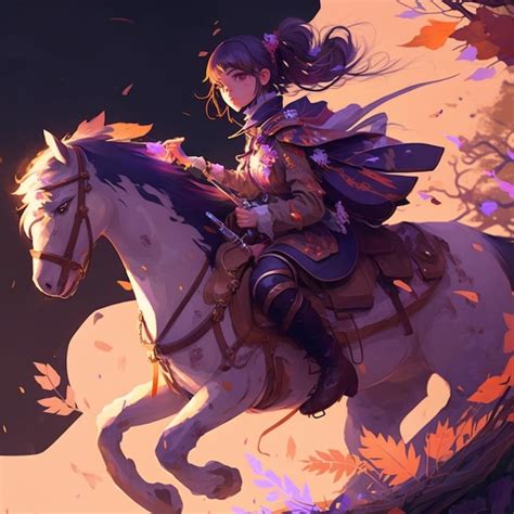 Premium Photo Anime Girl Riding A Horse In The Fall Leaves Generative Ai