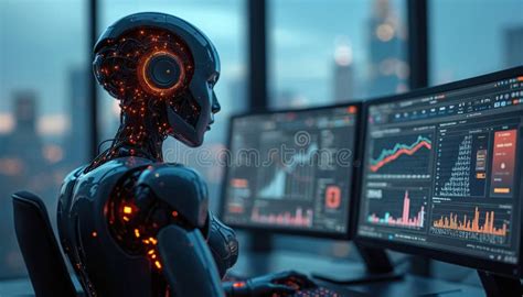 Artificial Intelligence Robot Analyzes Data On Multiple Computer