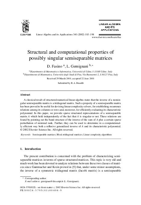 Pdf Structural And Computational Properties Of Possibly Singular Semiseparable Matrices