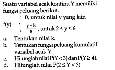 Suatu Variabel Acak Kontinu Y Memiliki Fungsi Peluang Ber