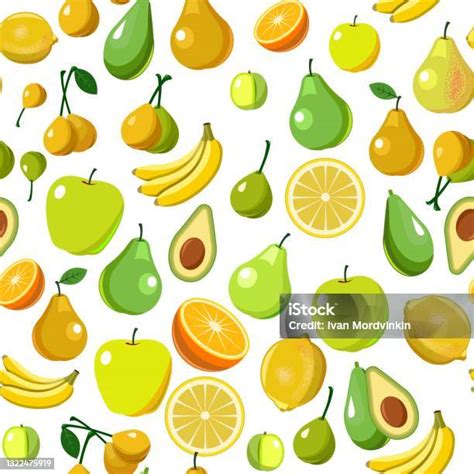 가장 인기있는 과일은 과일 나무입니다 원활한 배경 이미지 만화 플랫 스타일 격리 사과 배 자두 바나나 오렌지 레몬 감 아보카도 벡터 감귤류 과일에 대한 스톡 벡터 아트 및
