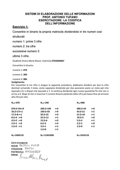 Elaborato 2 Codifica Sistemi Di Elaborazione Delle Informazioni Prof