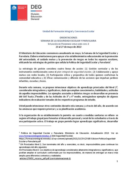 Orientaciones Semana De La Seguridad Escolar Y Parvularia Pdf Agua