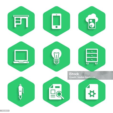 Set Light Bulb Document With Graph Chart Settings Archive Papers Drawer Fountain Pen Nib Laptop ...