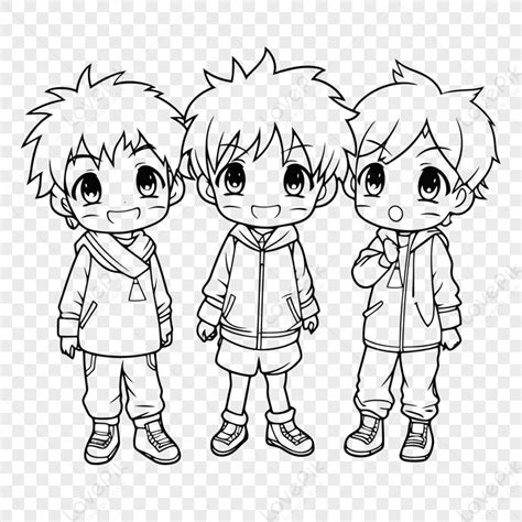 세 명의 귀여운 애니메이션 소년들이 함께 서 있는 윤곽선 스케치 그림을 색칠합니다 벡터헤어스타일라인 아트 Png 일러스트 무료 다운로드 Lovepik
