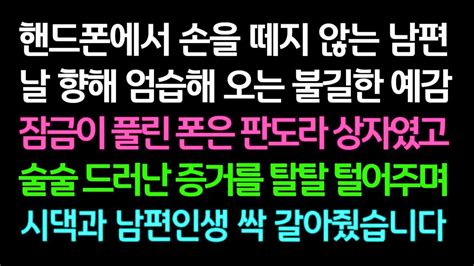 실화사연 핸드폰에서 손을 떼지 않는 남편 날 향해 엄습해 오는 불길한 예감 잠금이 풀린 폰은 판도라 상자였고 술술 드러난 증거를
