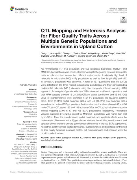Pdf Qtl Mapping And Heterosis Analysis For Fiber Quality Traits Across Multiple Genetic