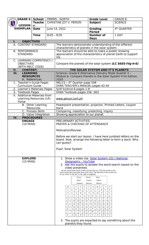 676502527 Cot Science 6 4th Quarter Grade 6 Lesson Exemplar School Pmrms North Grade Level