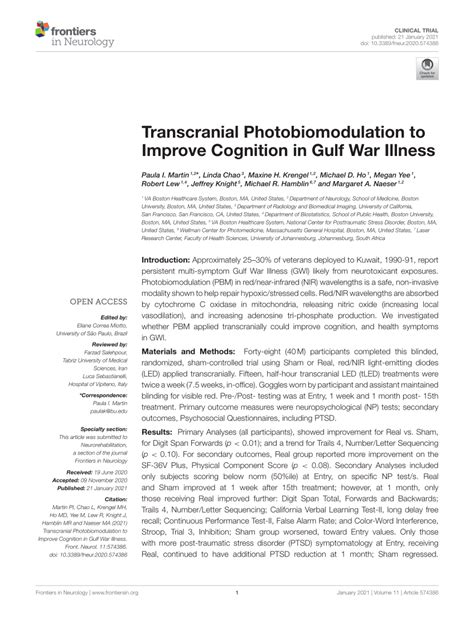 Pdf Transcranial Photobiomodulation To Improve Cognition In Gulf War Illness