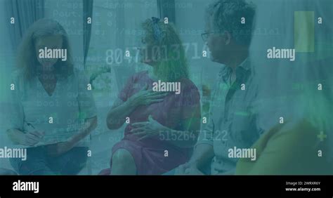 Image Of Numbers Over Diverse Female And Male At Supporting Meeting Stock Photo Alamy