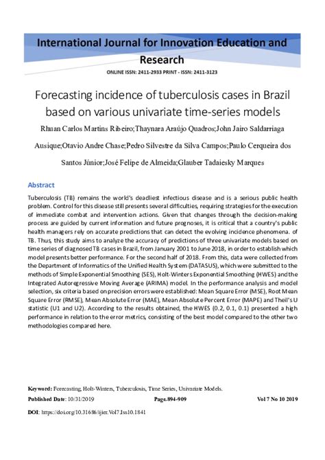 Pdf Forecasting Incidence Of Tuberculosis Cases In Brazil Based On Various Univariate Time