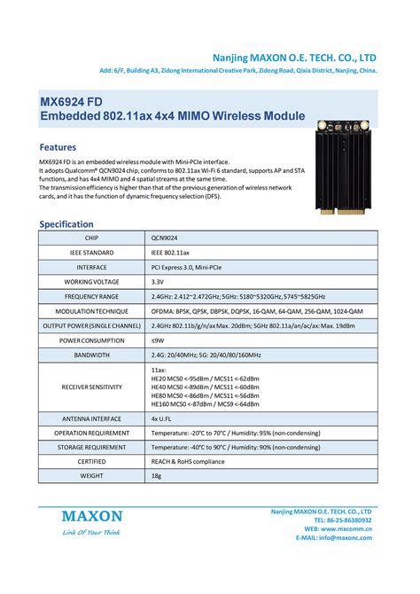 Maxon Wifi6 Qcn9024 Embedded 4x4 Mimo Wireless Module Wifi6 Module
