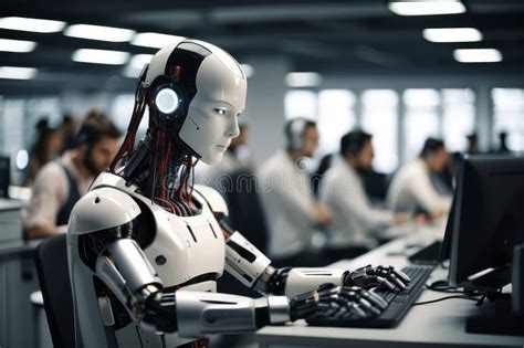 robots with artificial intelligence typing and using computers in