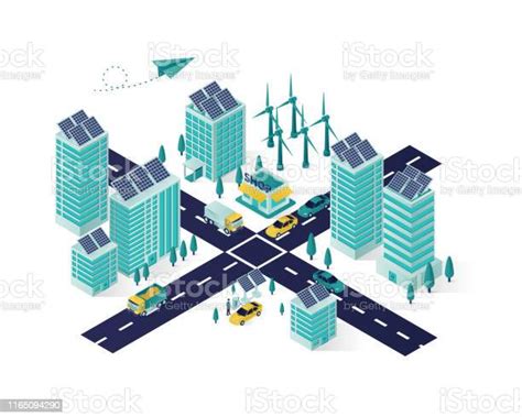 태양 전지 패널 에너지 등각 투영 그림 도시 전기 등각 벡터 그림에 태양 전지 패널을 사용하여 재생 에너지 도시에 대한 스톡 벡터 아트 및 기타 이미지 Istock