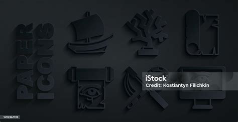 도둑과 도리깨 파피루스 두루마리 파피루스에 호루스의 눈 모니터 산호 및 이집트 선박 아이콘을 설정합니다 벡터 3차원 형태에 대한 스톡 벡터 아트 및 기타 이미지 Istock