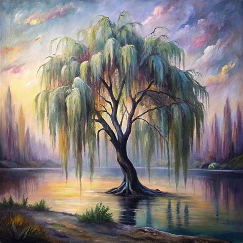 Watercolor Illustration Of A Weeping Willow Tree With Cascading