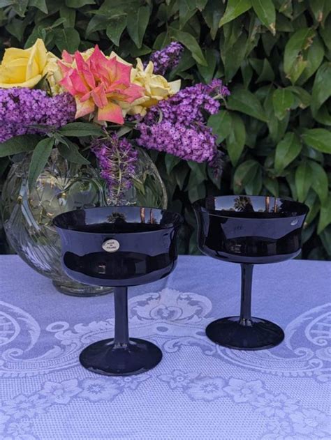 1970s Zbigniew Horbowy Poland Black Glass Coupe Champagne Glasses Set