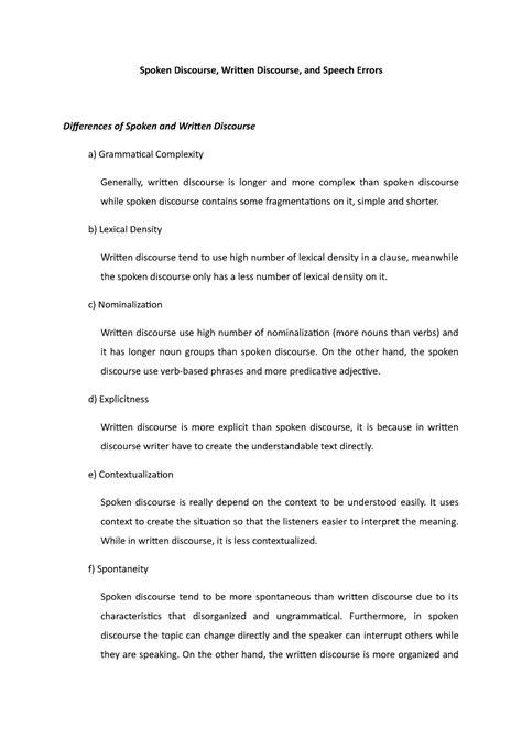 Spoken Discourse Written Discourse And Speech Errors Spoken