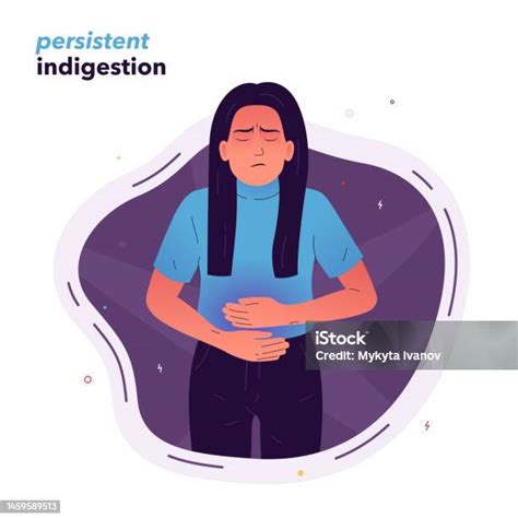 그녀의 눈을 감고 서서 그녀의 손으로 그녀의 배를 잡고 있는 소녀의 벡터 그림 소녀는 지속적인 소화 불량으로 기분이 좋지 않습니다 소화 불량 위염 궤양 건강관리와 의술에