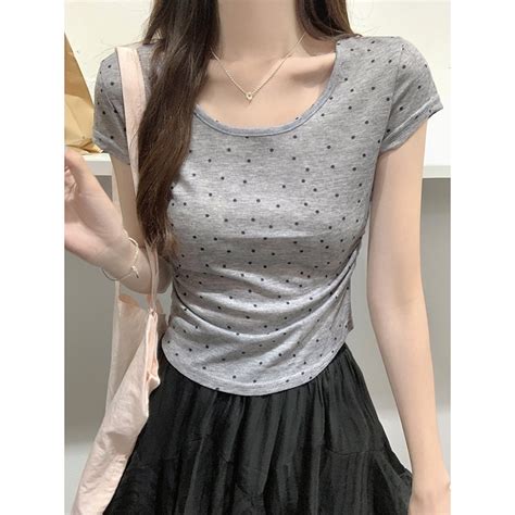 72702 Genuine Shoulder Round Neck Polka Dot Short Sleeve T Shirt