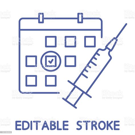 예방 접종 일정 라인 아이콘 예방 접종 시간 예방 접종 개념 달력 주사기 건강 관리 및 보호 치료 인플루엔자에 대한 백신 편집 가능한 스트로크 달력에 대한 스톡 벡터 아트