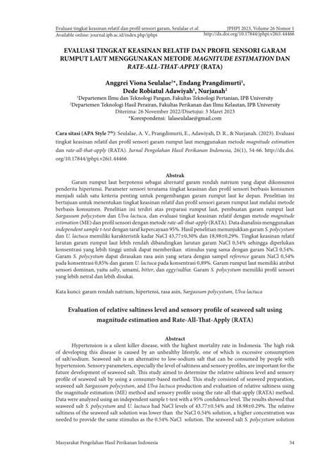 Pdf Evaluasi Tingkat Keasinan Relatif Dan Profil Sensori Garam Rumput Laut Menggunakan Metode