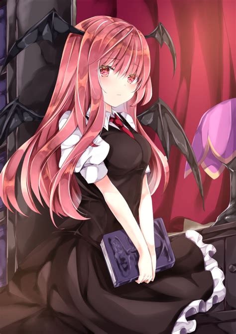 Safebooru 1girl Bangs Bat Wings Black Skirt Black Vest Blush Book