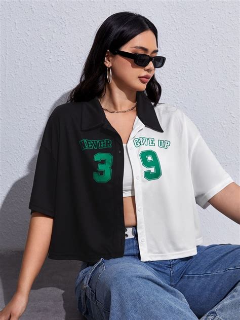 Shein Ezwear Mais Camisa Gráfico De Slogan Dois Tons Ombro Caído Drop