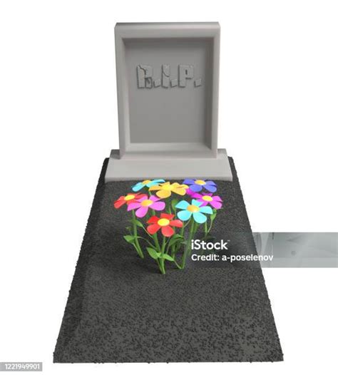 묘비와 비문 Rip와 꽃이 있는 무덤 흰색 배경에 격리 3d 일러스트레이션 0명에 대한 스톡 사진 및 기타 이미지 0명