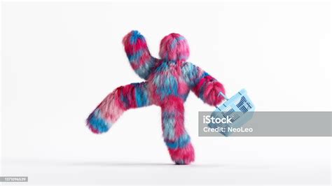 3d 렌더링 화려한 털이 예티 만화 캐릭터는 쇼핑을 간다 재미있는 모피 장난감은 빈 쇼핑 바구니를 보유하고 있습니다 흰색 배경에 격리 된 상거래 클립 아트 3차원 형태에