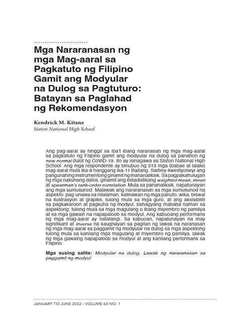 Mga Nararanasan Ng Mga Mag Aaral Sa Pagkatuto Ng Filipino Gamit Ang Modyular Na Dulog Sa