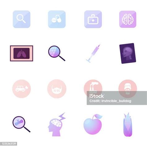 세트 아이콘 돋보기 알약 및 의학 가방 뇌 폐와 주사기 머리 엑스레이 자동차 및 파이프 연기를 방출 마스크 사과와 옥수수에 사람