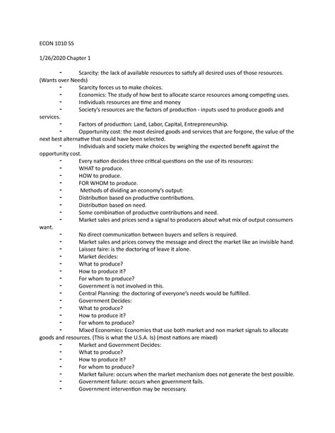ECON 1010 SS Chapter 1 Notes ECON 1010 SS 1 26 2020 Chapter 1 Scarcity The Lack Of