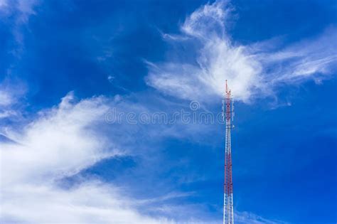 Telecommunication Radio Wave Signal Tower Red And White With Cloudy Steel Truss Of Transmission