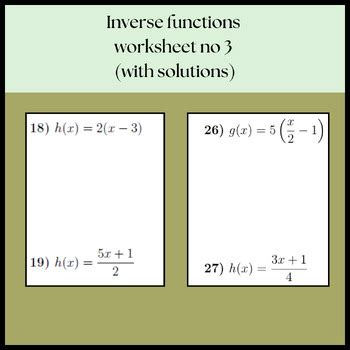 Inverse functions worksheet no 3 (with solutions) by Mathamaniacs
