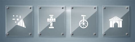 서커스 텐트 외발 자전거 또는 한 바퀴 자전거 어트랙션 회전 목마 및 축제 색종이 조각 정사각형 유리 패널 벡터 1에 대한 스톡 벡터 아트 및 기타 이미지 Istock