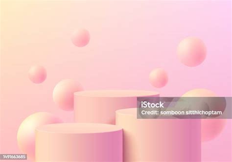 사실적인 3d 부드러운 분홍색 스탠드 연단은 구체 공이나 거품이 날아가는 배경을 설정합니다 벽 최소 장면 모형 제품 무대 진열장