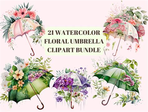 Summer Garden Floral Umbrella Clipart Bundle Colorful Watercolor
