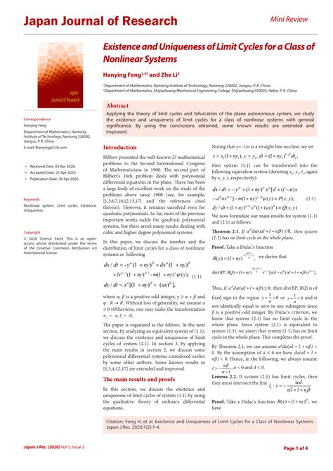 Pdf Existence And Uniqueness Of Limit Cycles For A Class Of Nonlinear