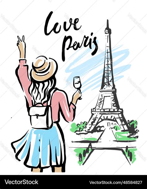 Eiffel Tower And Women With Glass France Sketch Vector Image