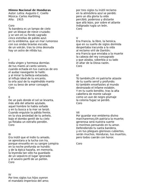 Himno Nacional De Honduras Completo Pdf