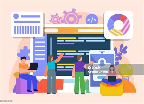 웹 데스크톱 코딩 소프트웨어 개발 팀 에이전시 사람들의 그룹은 큰 화면 전화 근처에 서 일러스트레이션에 대한 스톡 벡터 아트 및