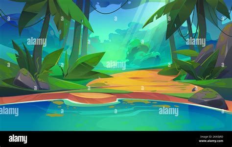 Tropical Jungle Forest Swamp Or Lake Cartoon Natural Landscape Game