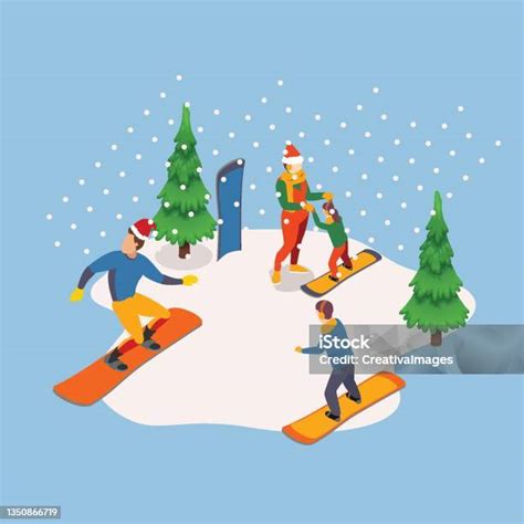 패밀리 스노우보드 겨울 컨셉 3d 아이소메트릭 가족에 대한 스톡 벡터 아트 및 기타 이미지 가족 겨울 계절 Istock