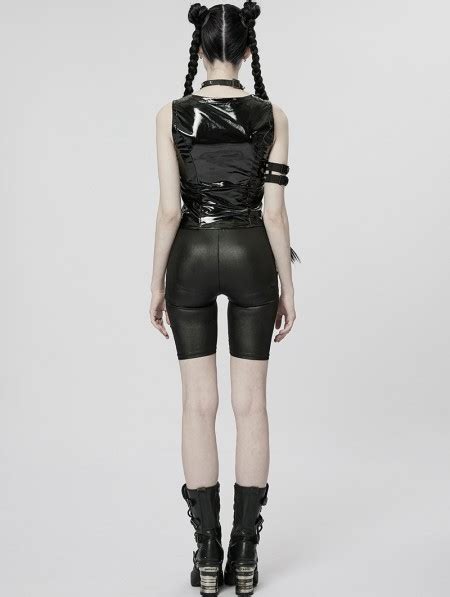 Punk Rave Black Gothic Punk Sexy Hollow Out Patent Leather Vest Top For